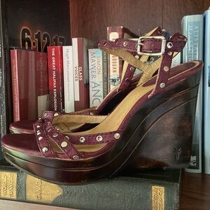Frye | Shoes | Frye Briget Studded Purple Leather Wood Platform Wedge ...